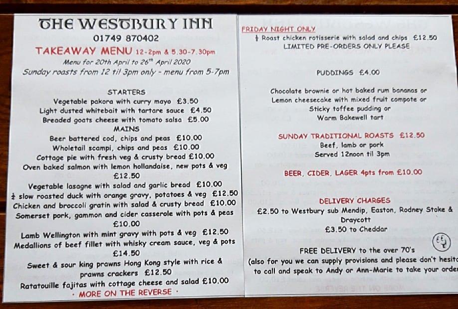 Menu at The Westbury Inn pub & bar, Wookey