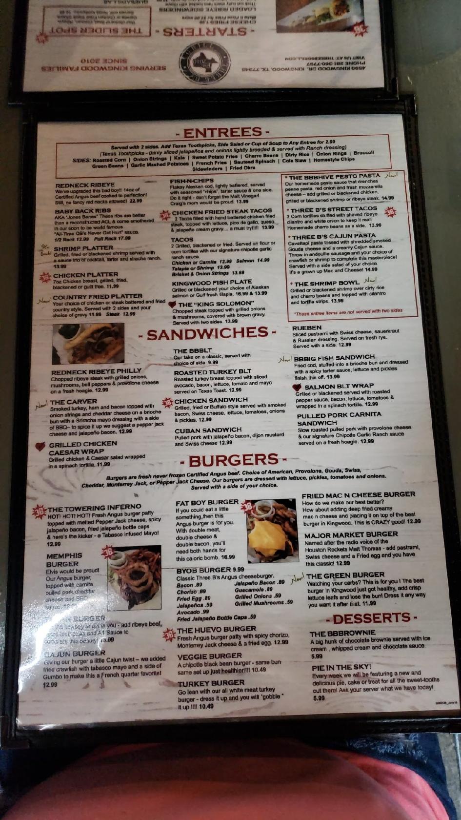 Menu at Three B's Grill pub & bar, Houston