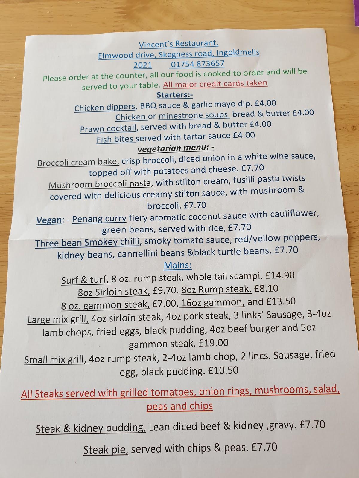 Menu at Vincent's Restaurant, Skegness