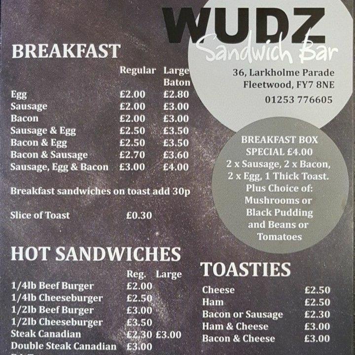 Menu at Wudz Sandwich Bar, Fleetwood