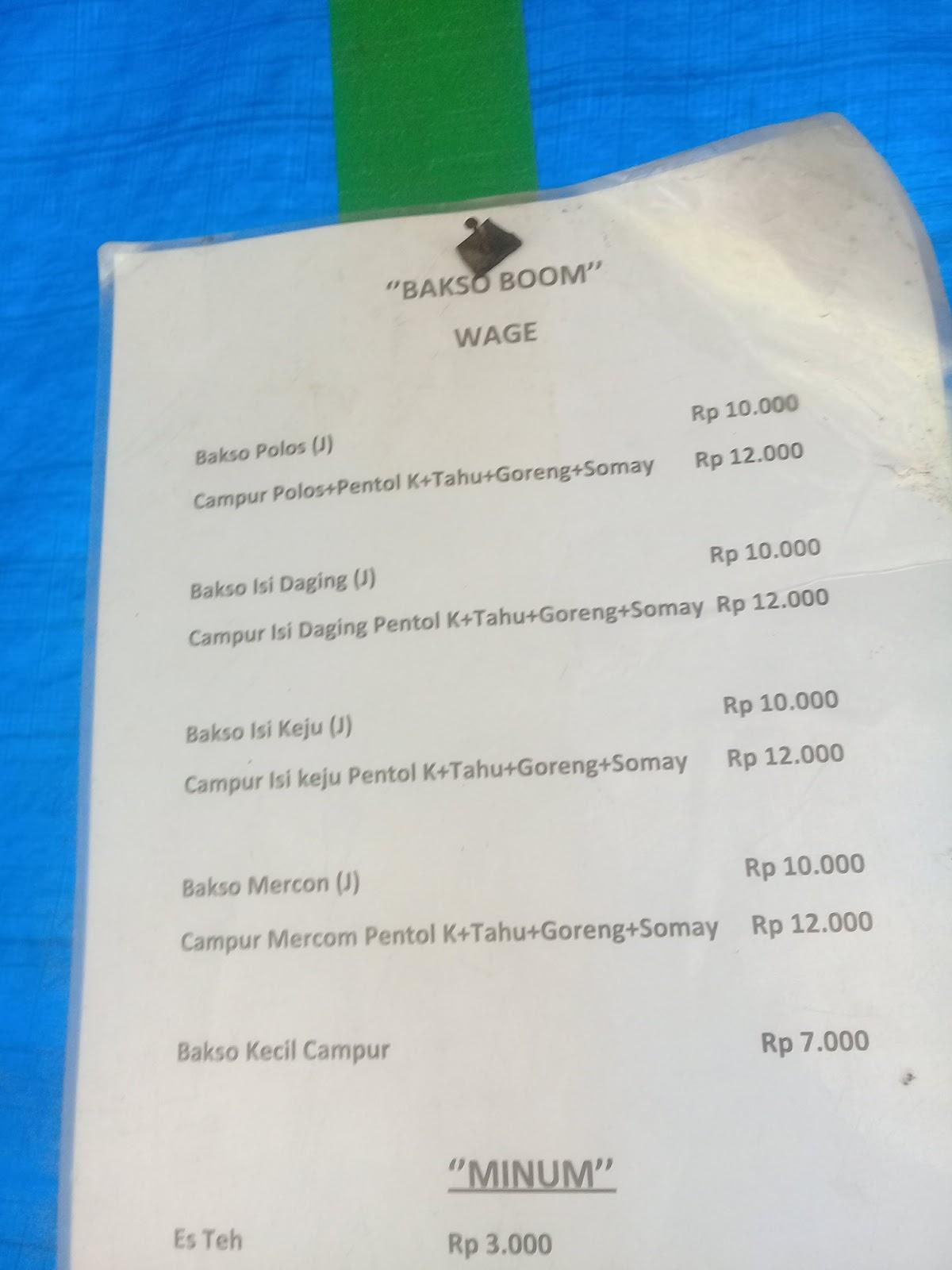 Menu at Bakso Boom restaurant, Jumputrejo