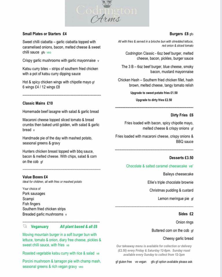 Menu at Codrington Arms Pub & Restaurant, Yate, The Codrington Arms