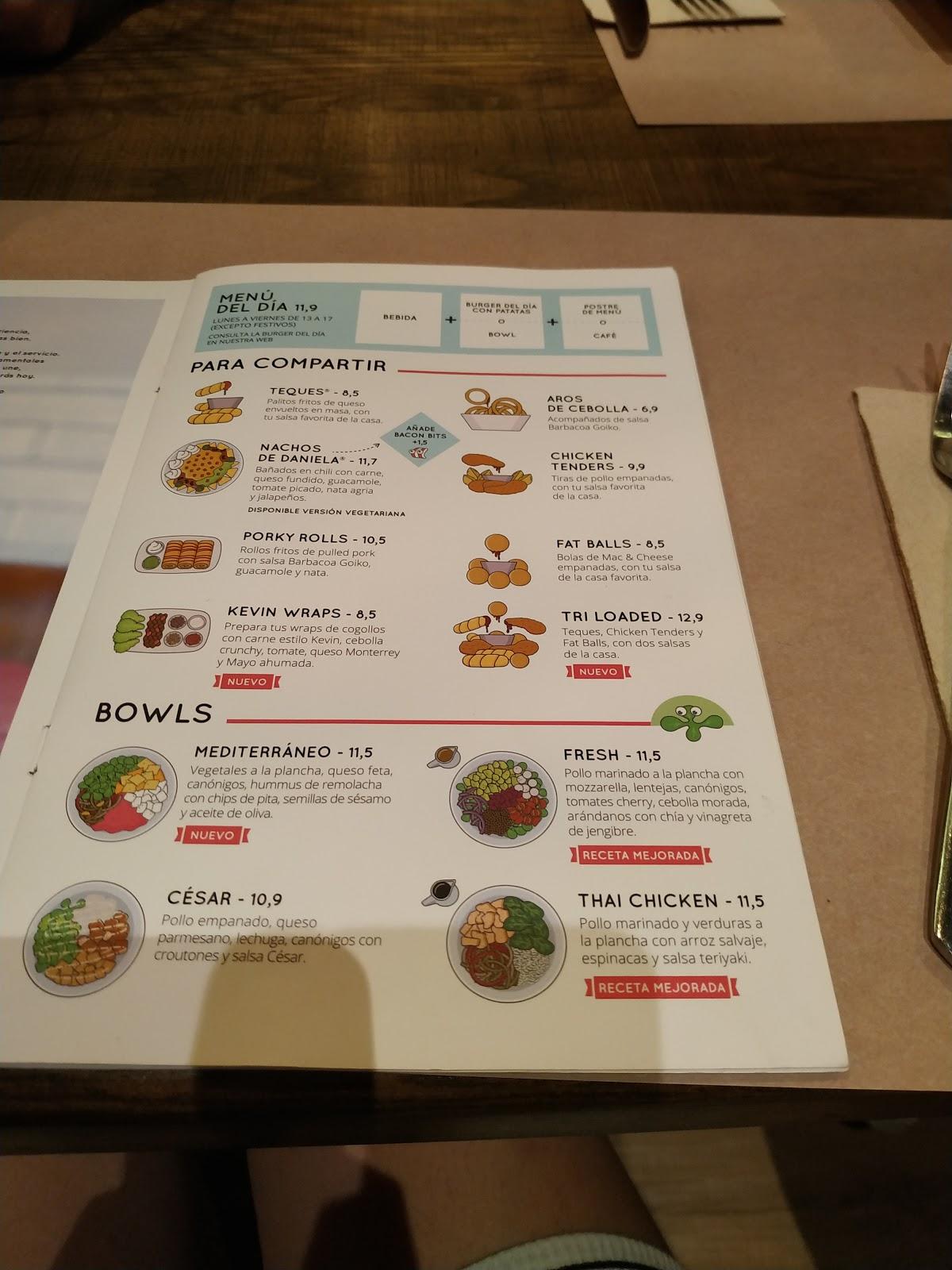 Carta del restaurante Hamburguesería Goiko, Madrid, C. del Silvano