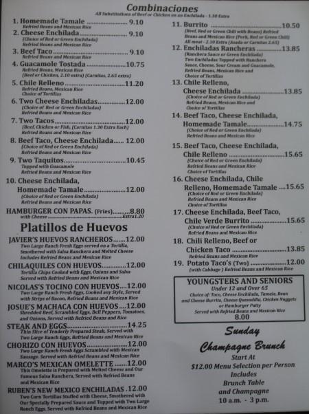 Menu at Señor Campos restaurant, La Habra