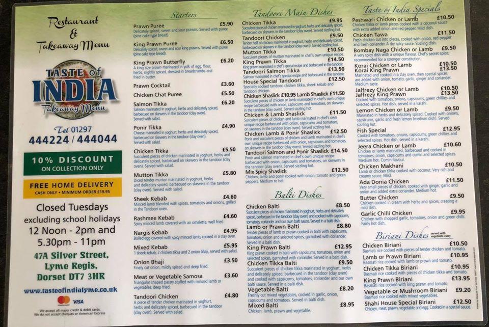 Menu at Taste of India restaurant, Lyme Regis