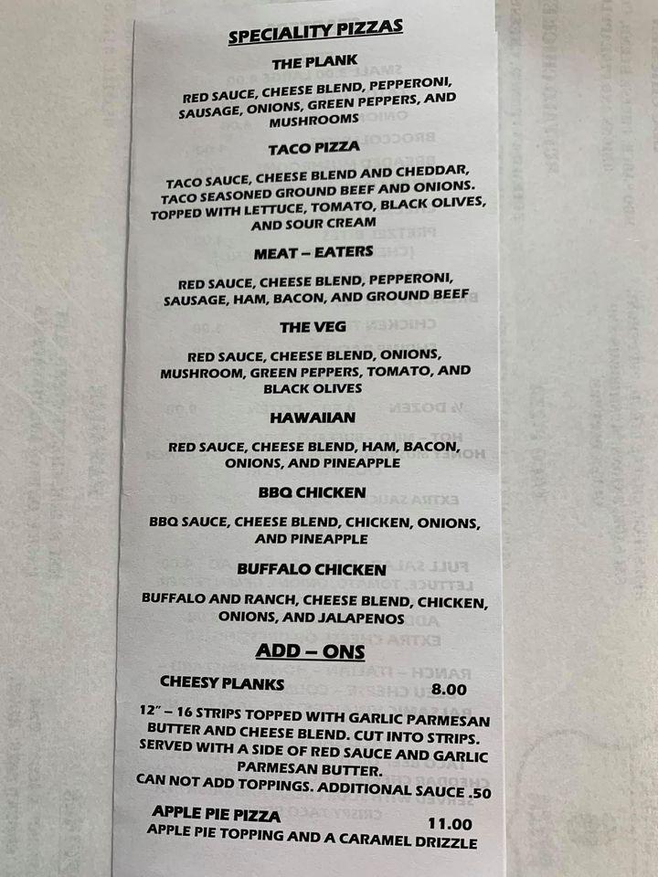 Menu at The Plank Road Tavern pub & bar, USA