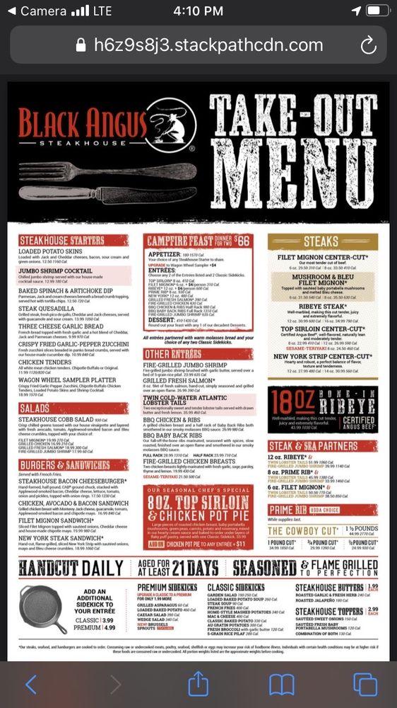 Menu at Black Angus Steakhouse, Puyallup