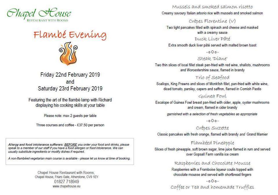 Menu at Chapel House Restaurant with Rooms, Atherstone