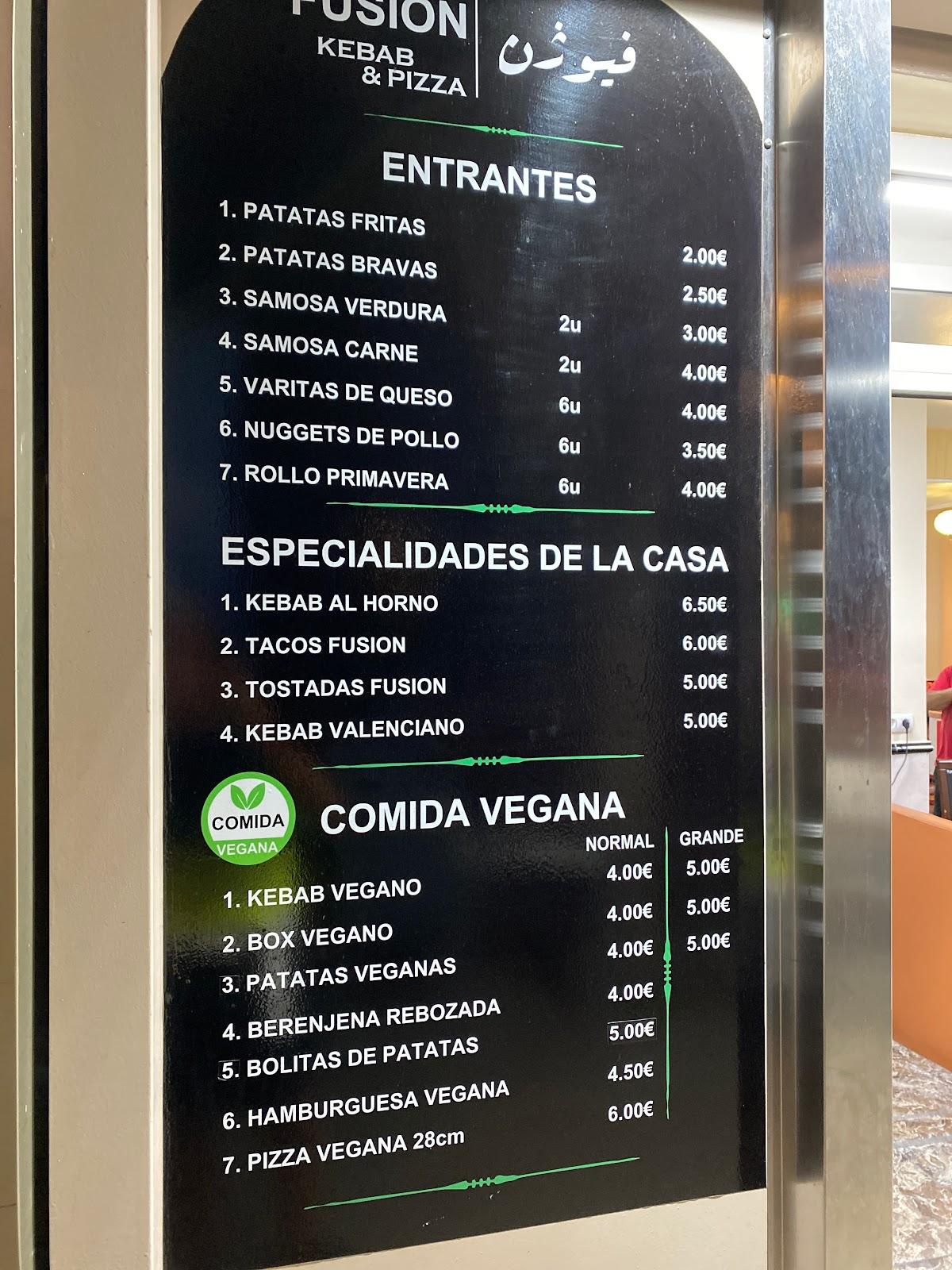 Carta del restaurante Fusion Kebab & Pizza, Valencia