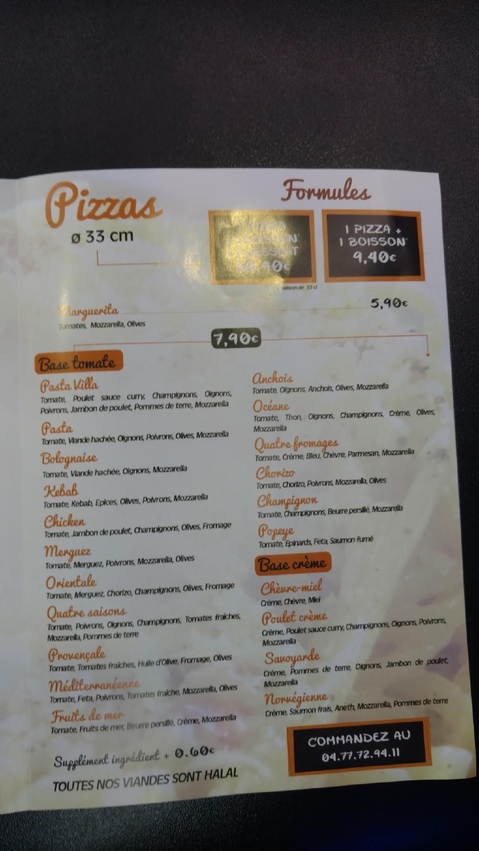 Menu au Pasta Villa restaurant, Roanne