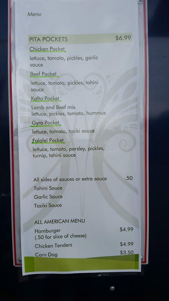 Menu at Pita pocket restaurant, St. Augustine