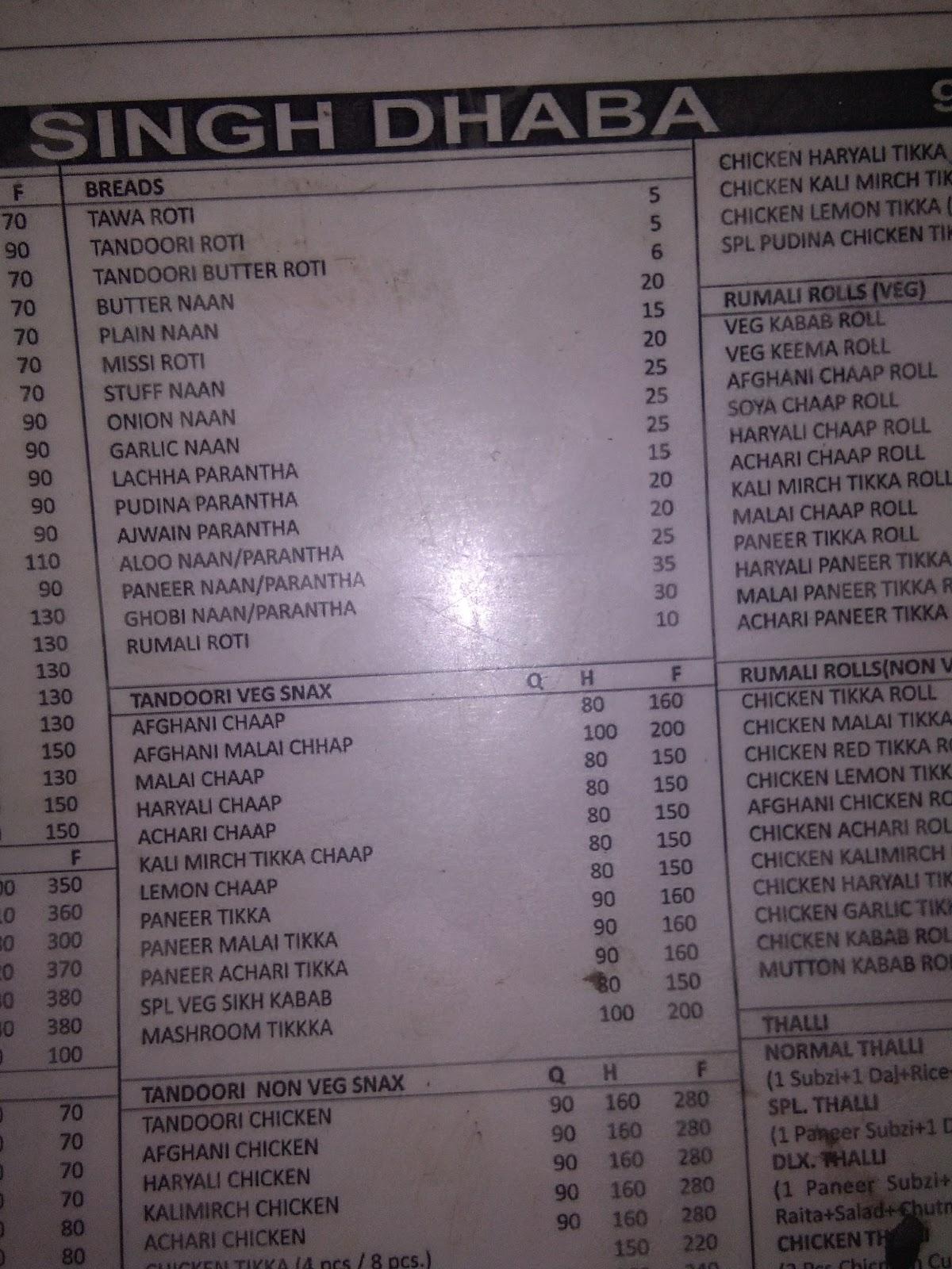 Menu at Singh Dhaba, Gurugram, Rao Gajraj Singh Marg