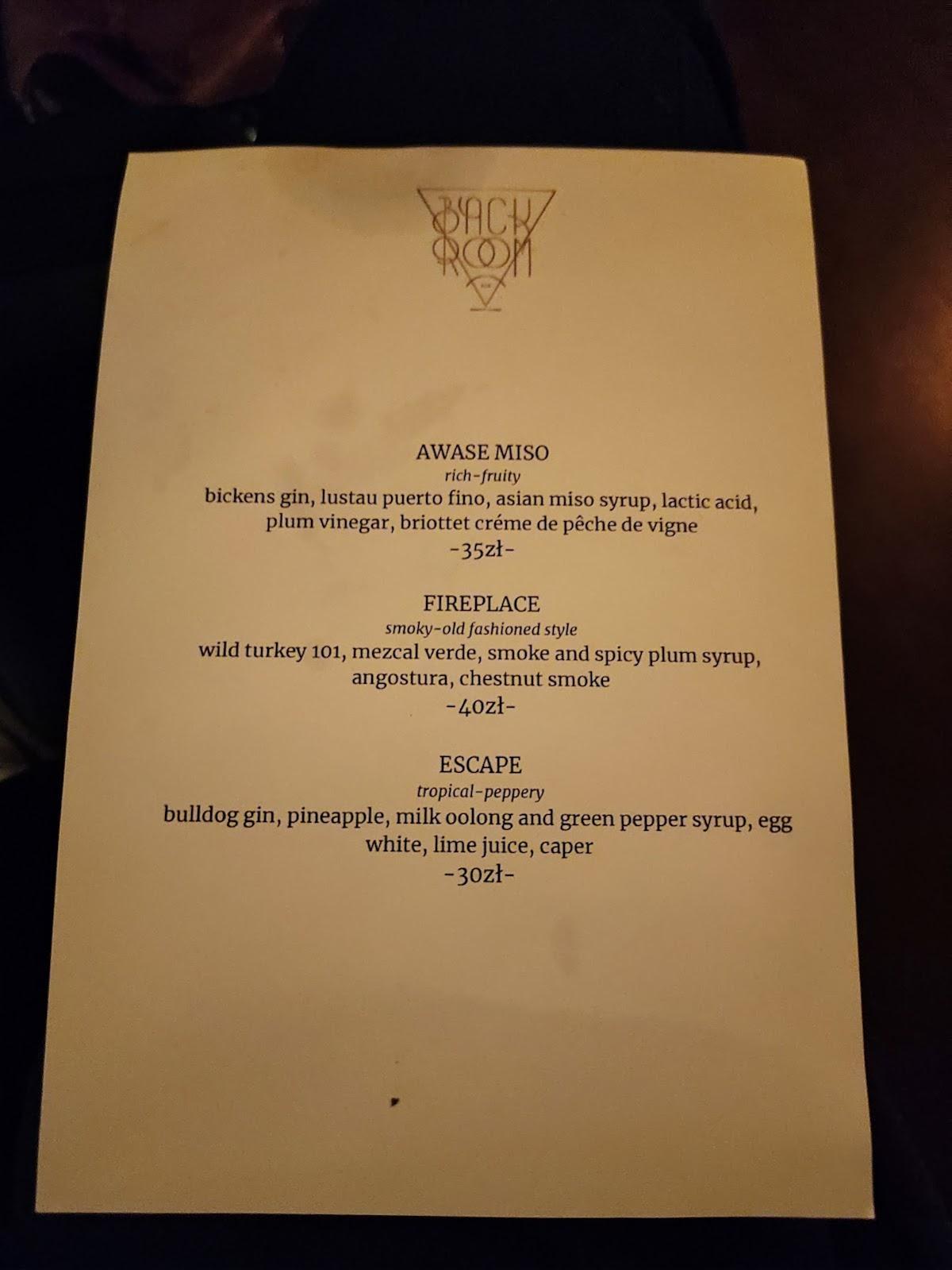 Menu at BackRoom Bar, Warsaw