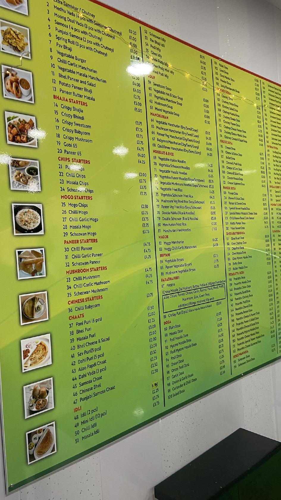 Menu at Mumbai Dosa restaurant, Wembley