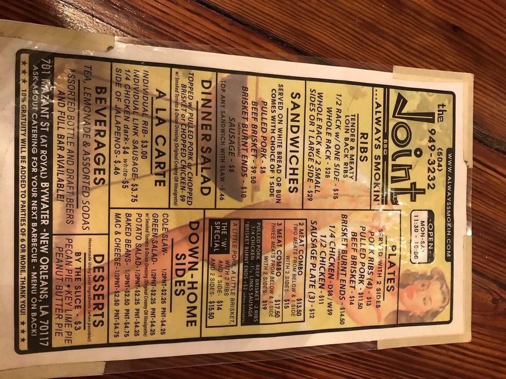 Menu at The Joint BBQ, New Orleans, 701 Mazant St
