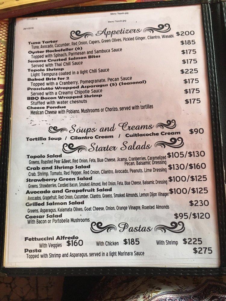 Menu at Topolo restaurant, Mazatlán