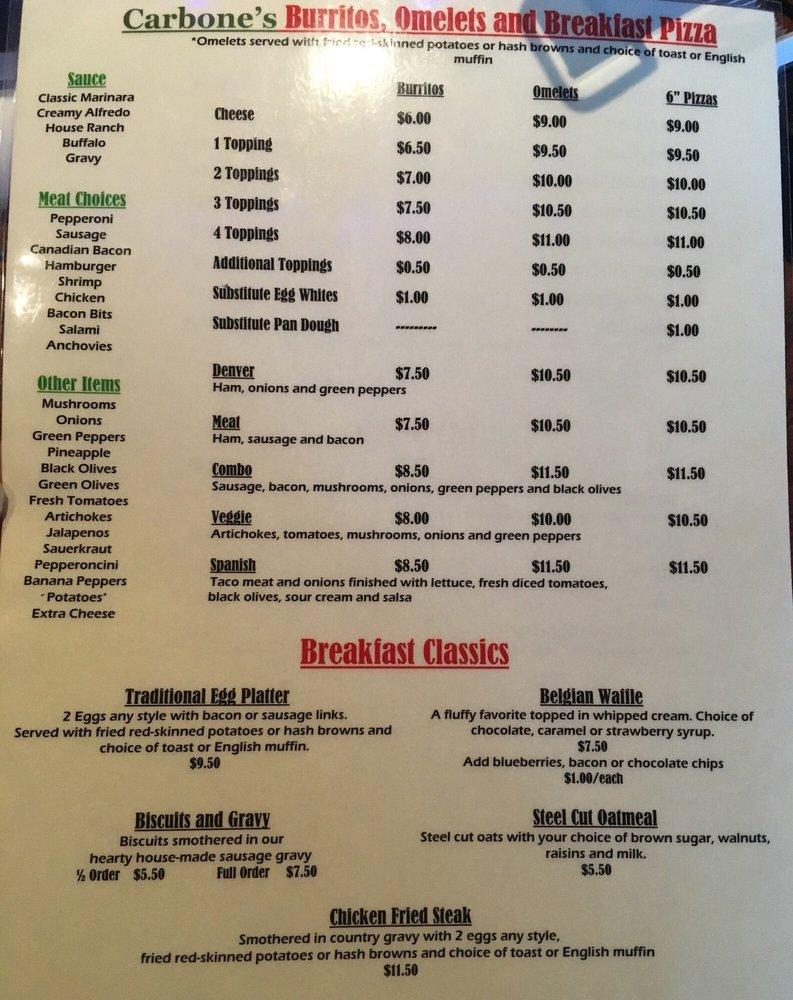 Menu at Carbone's Pizzeria & Pub, Billings, Grand Ave