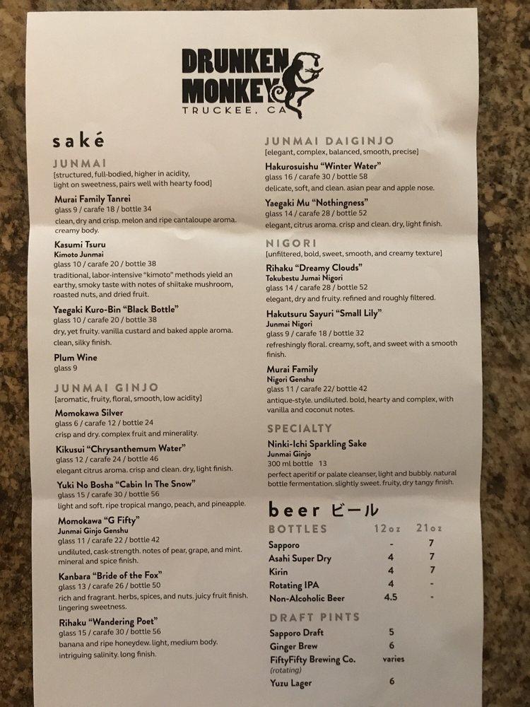 Menu at Drunken Monkey Sushi restaurant, Truckee
