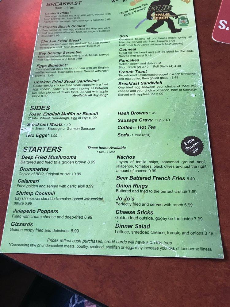 Menu at Green Lantern Pub, Copalis Beach