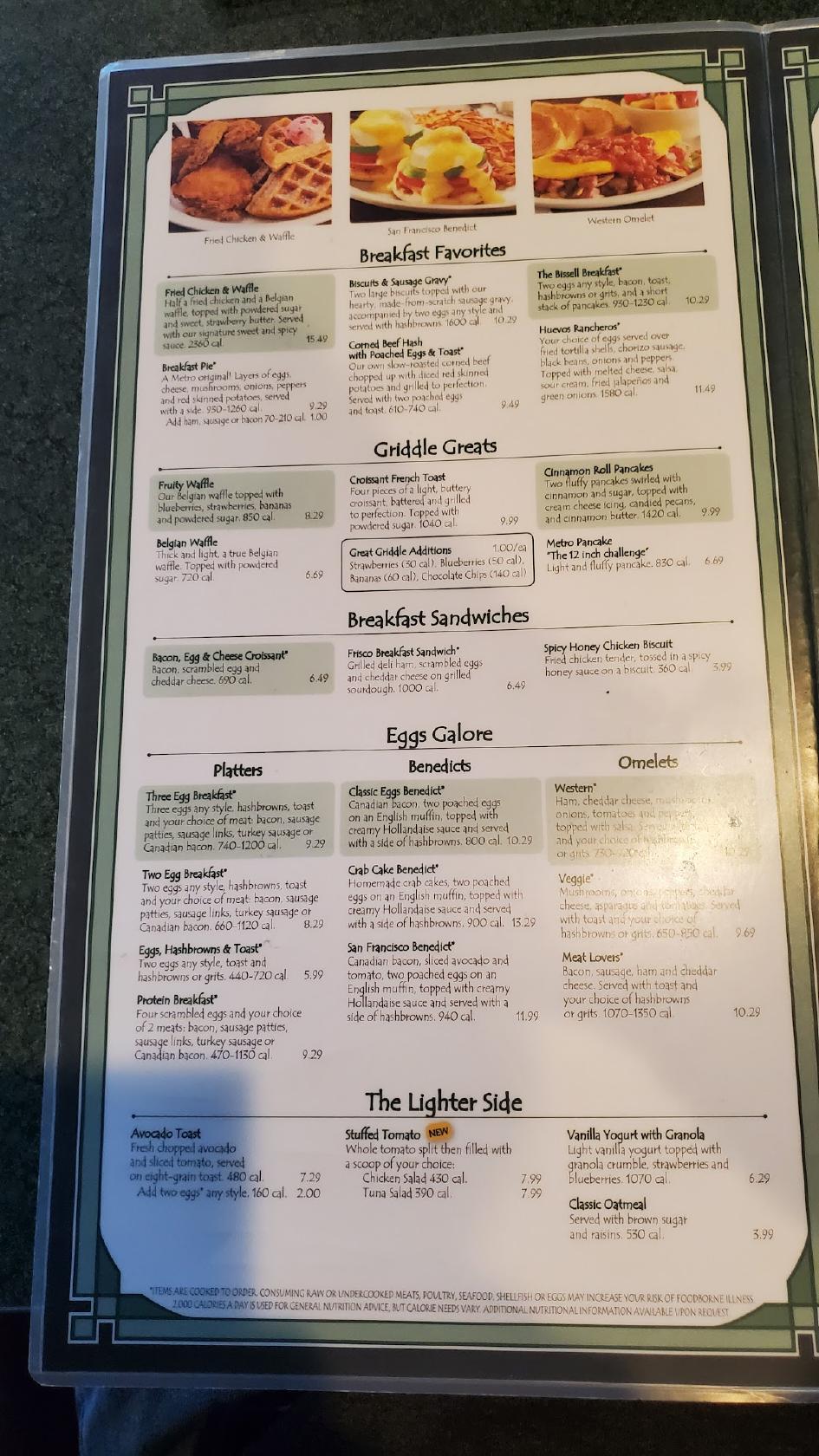 Menu at Metro Diner restaurant, Charleston