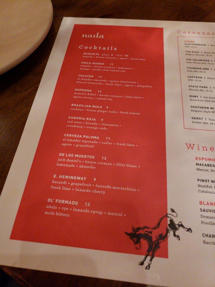 Menu at Nada restaurant, Nashville