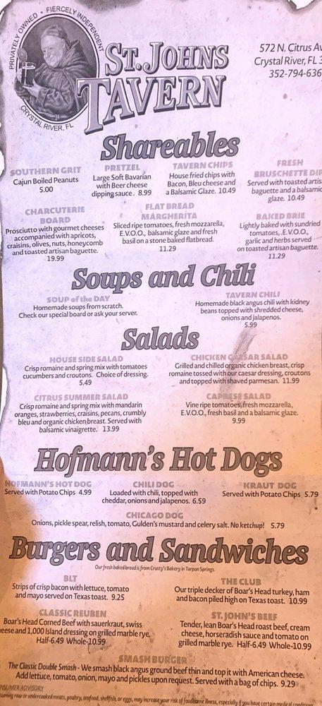 Menu at St. Johns Tavern restaurant, Crystal River