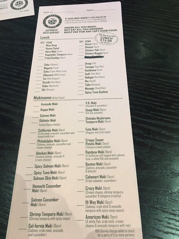 Menu at Sushi Naper restaurant, Naperville, Illinois Rte 59 #158