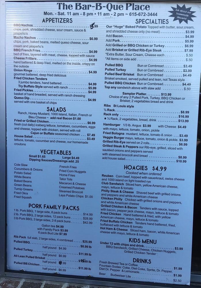 Menu at The Bar B Que Place, White House, 138 Clif Garrett Dr