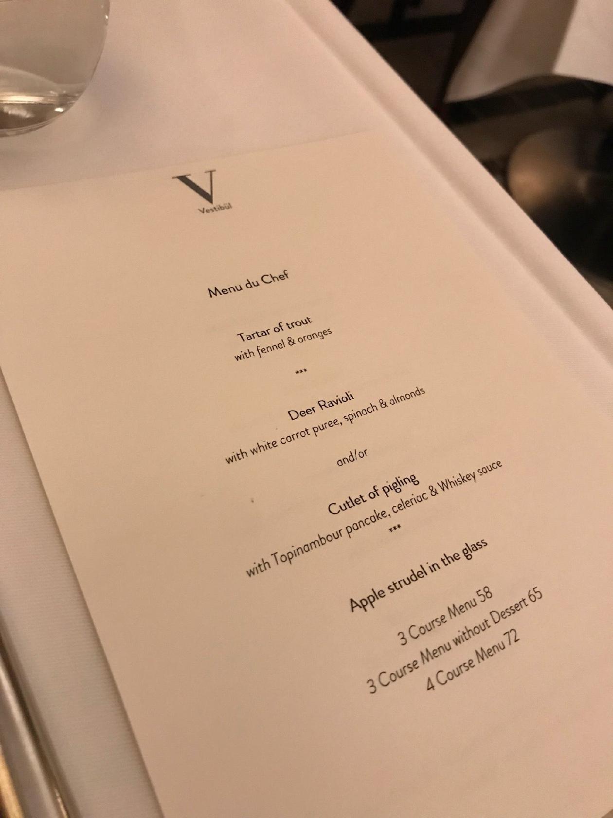 Menu at Vestibül Restaurant im Burgtheater, Vienna