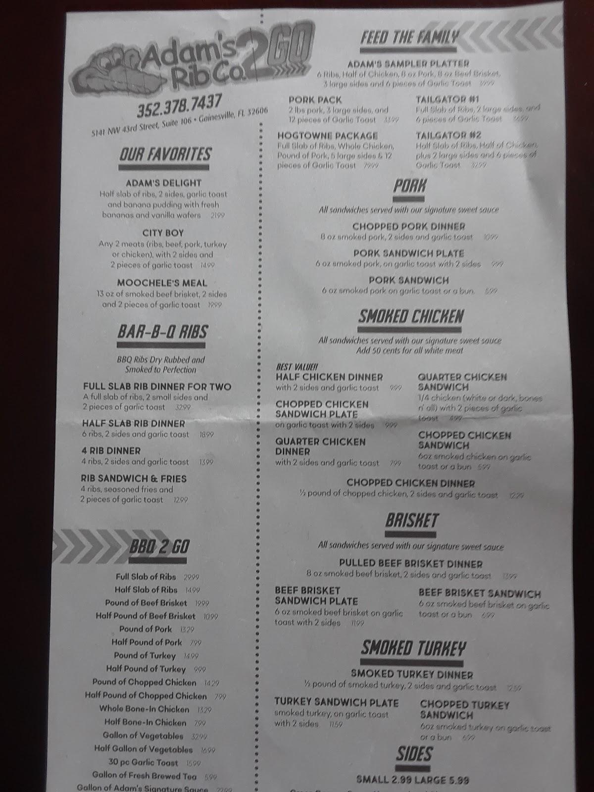 Menu at Adam’s Rib Co. 2 Go restaurant, Gainesville