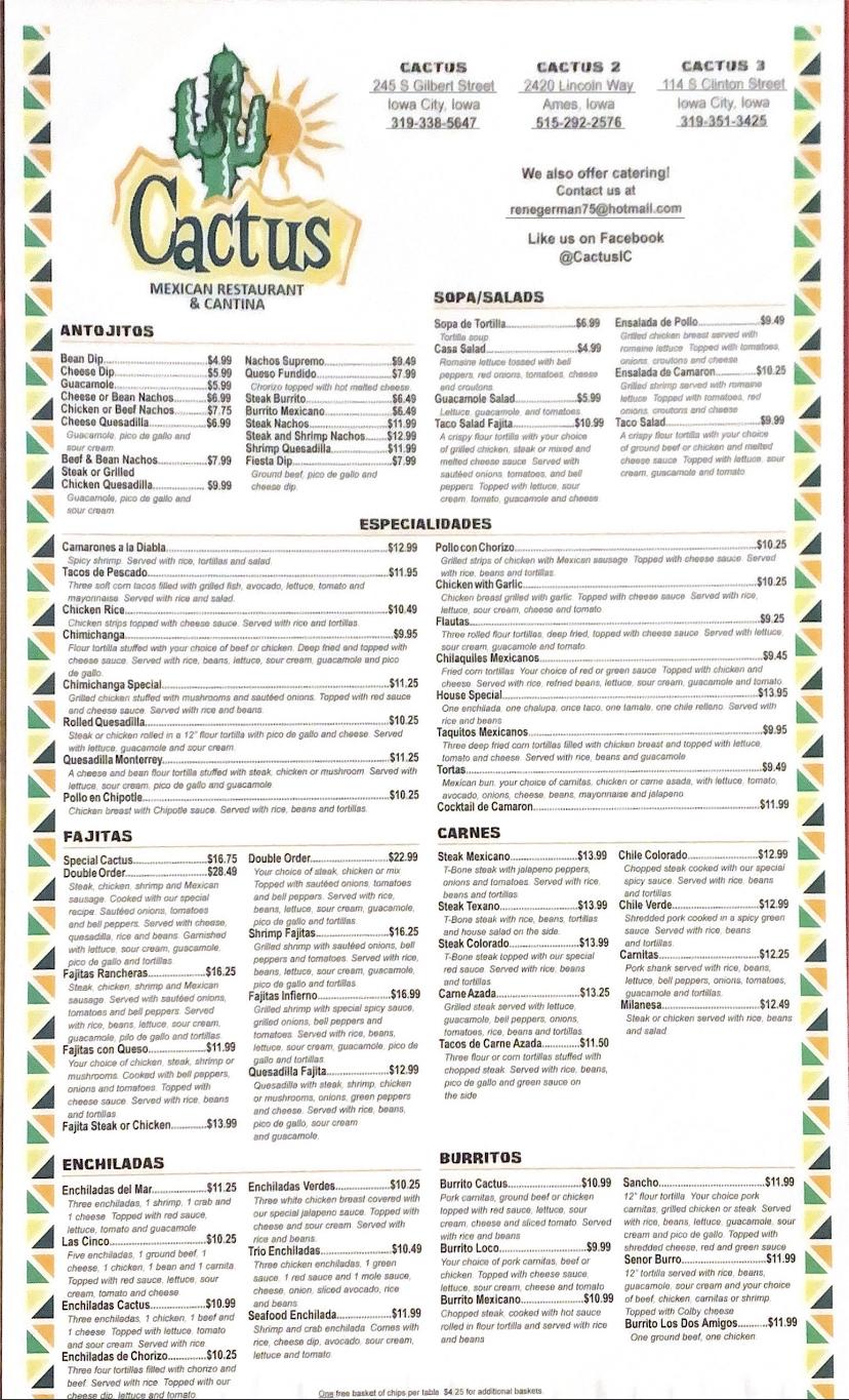Menu at Cactus 2 restaurant, Ames