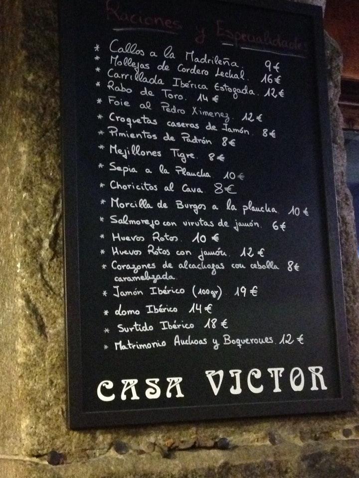 Menu at Casa Victor pub & bar, Madrid, C. de la Cava Baja