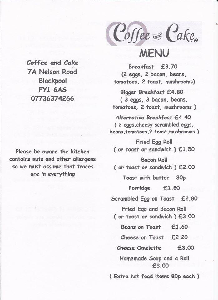 Menu at Coffee and Cake cafe, Blackpool