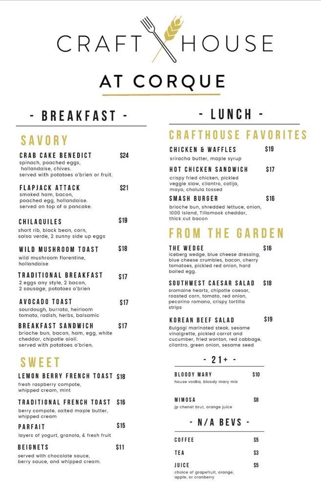 Menu at Craft House At Corque pub & bar, Solvang