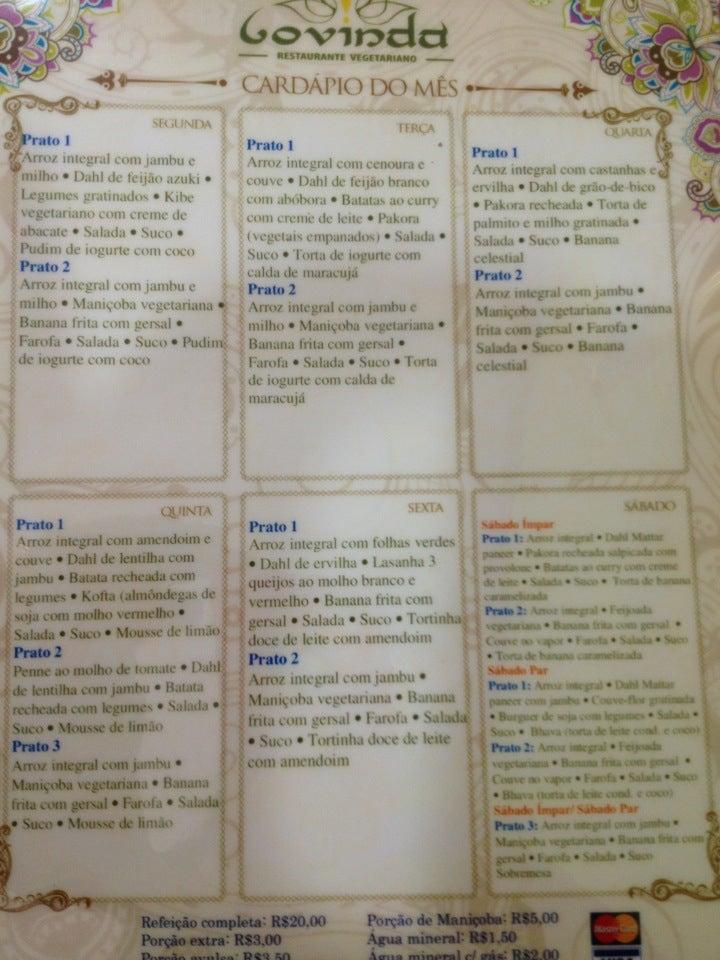Menu at Govinda restaurant, Belém
