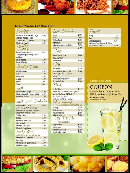 Menu at Greater Paradise Café cafe, Baltimore