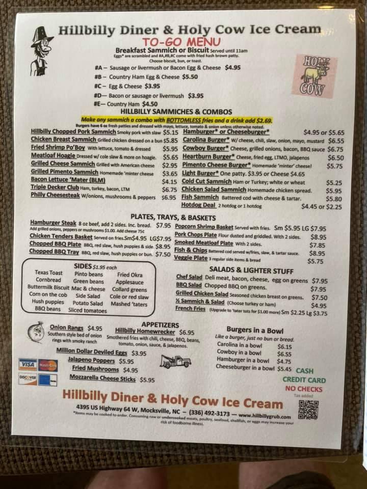 Menu at Hillbilly Diner & Holy Cow Ice Cream BBQ, USA