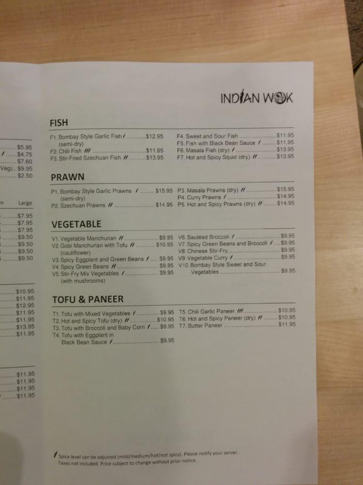 Menu at Indian Wok restaurant, Burnaby