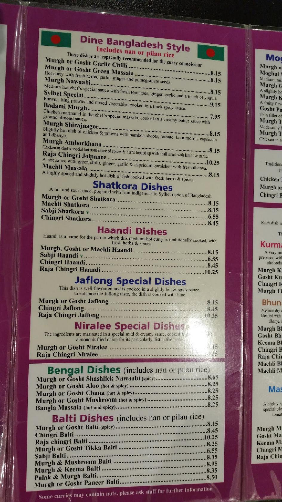 Menu at Moghul fast food, Ilkley, 111 Main St