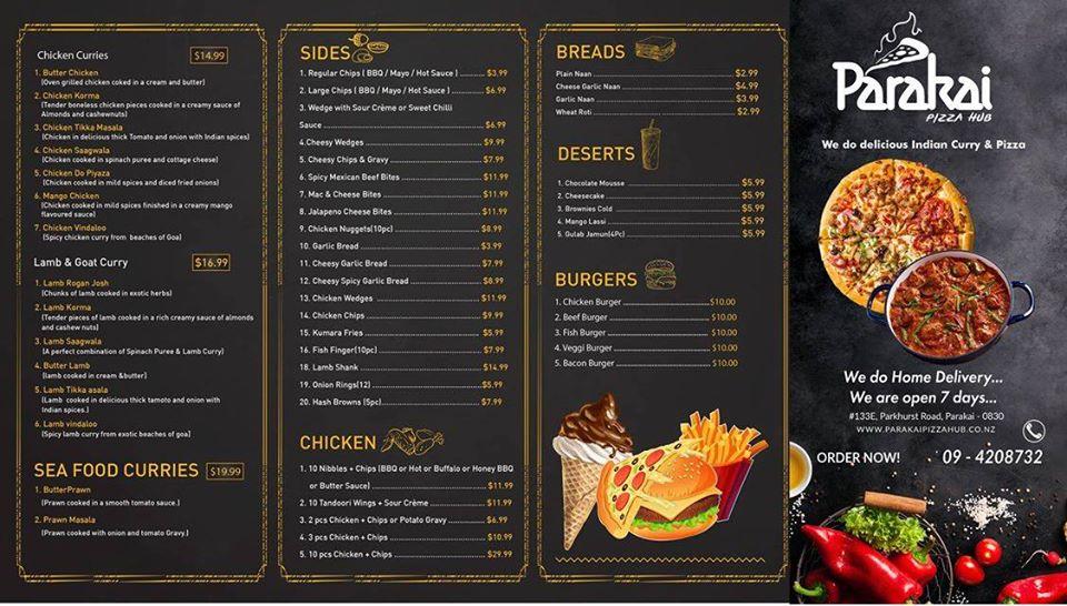 Menu at Parakai Pizza Hub pizzeria, New Zealand