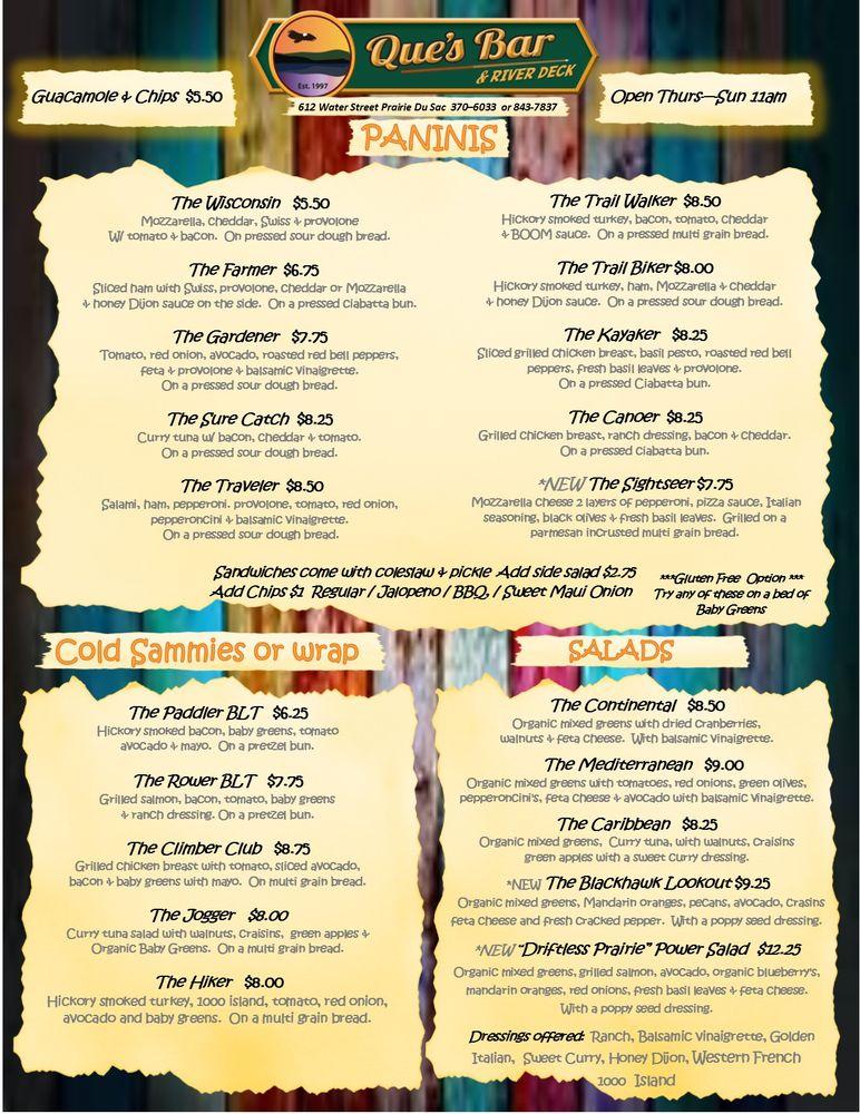 Menu at Que's Bar & River Deck, Prairie du Sac