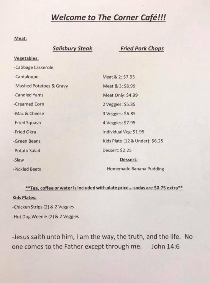 Menu at The Corner Cafe, Gaffney