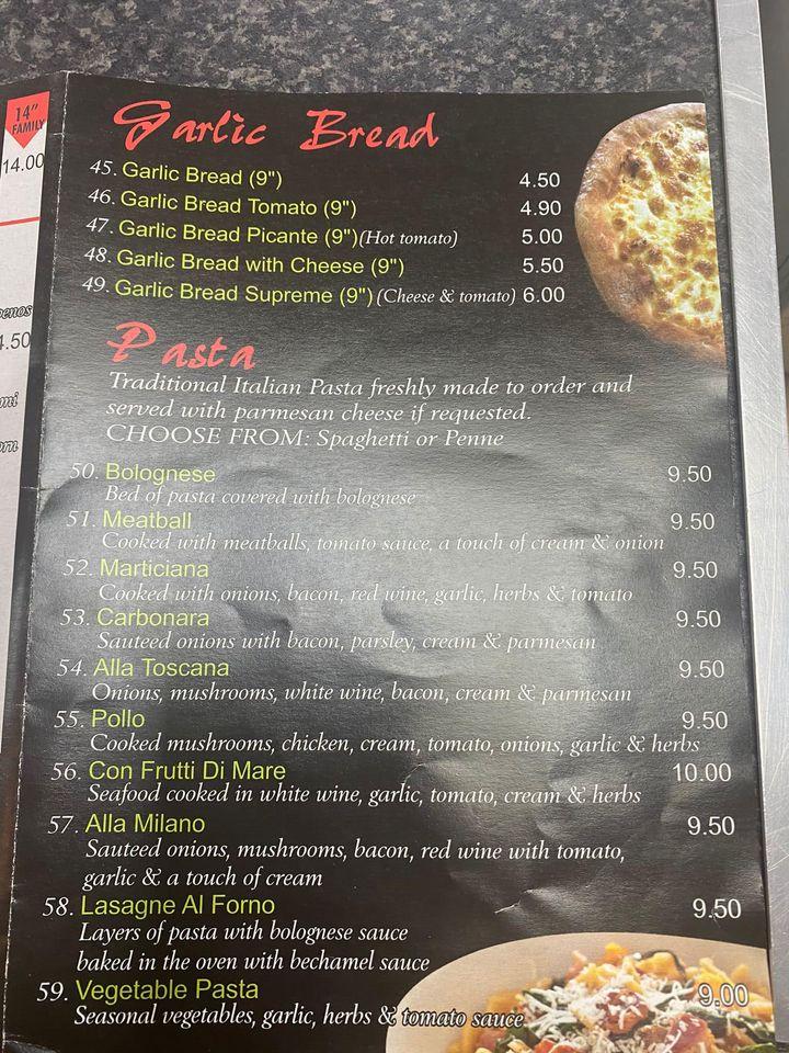 Menu at Benitos fast food, Sheffield