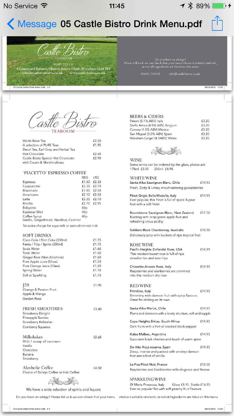 Menu at Castle Bistro, Tearoom & Wine Bar, Chirk