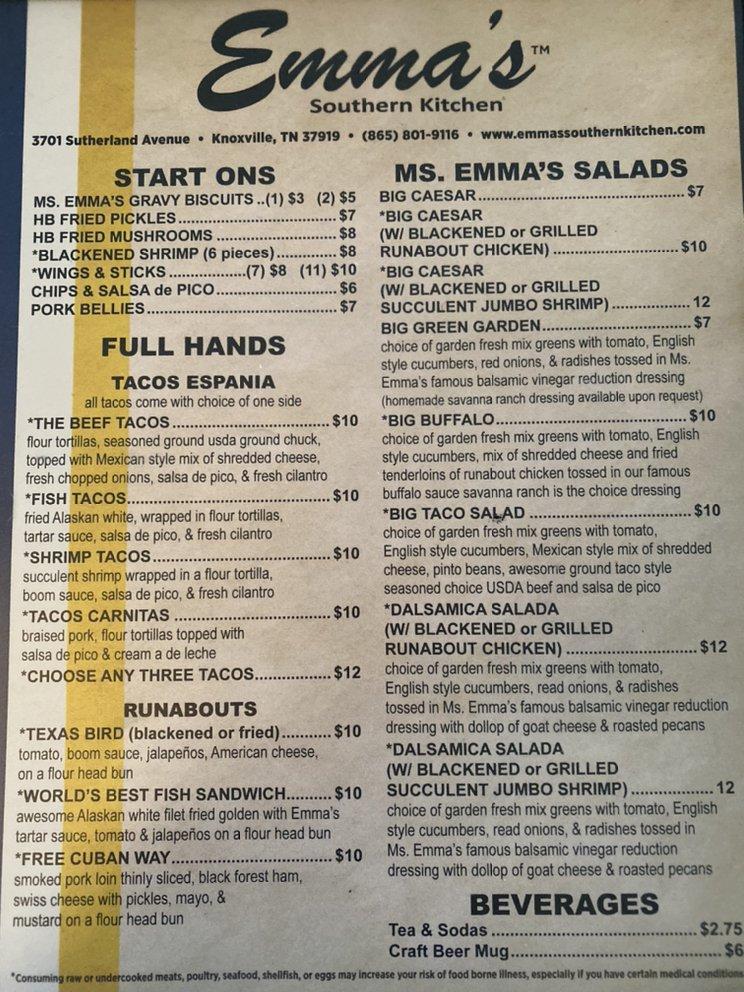 Menu at Emma's Southern Kitchen restaurant, Knoxville