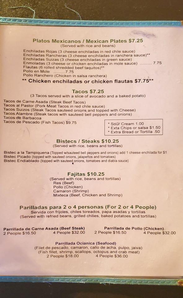 Menu at La Playita restaurant, El Paso, Dyer St