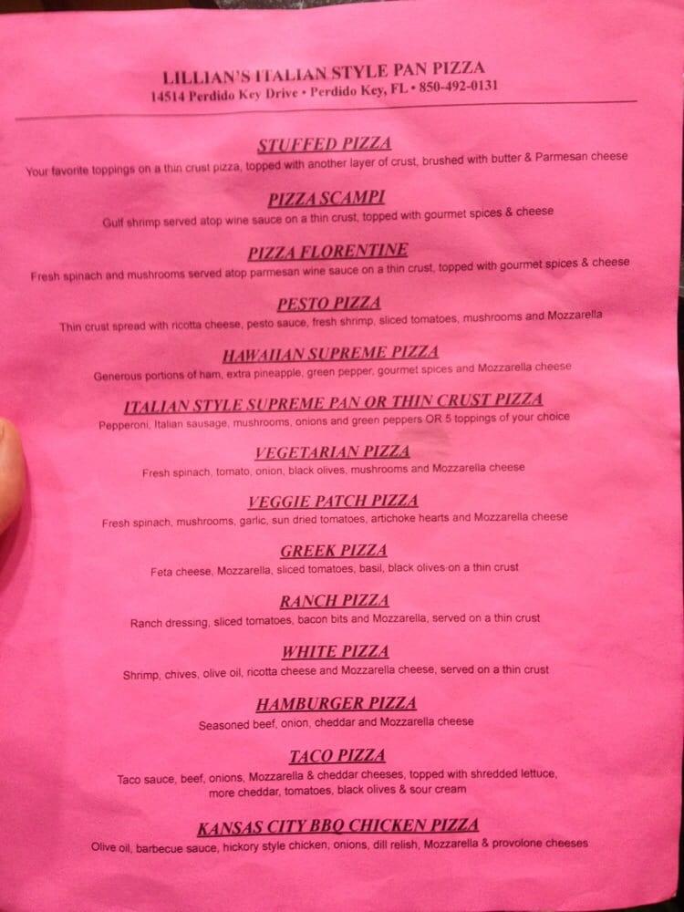Menu at Lillian’s Pan Pizza pizzeria, Perdido Key