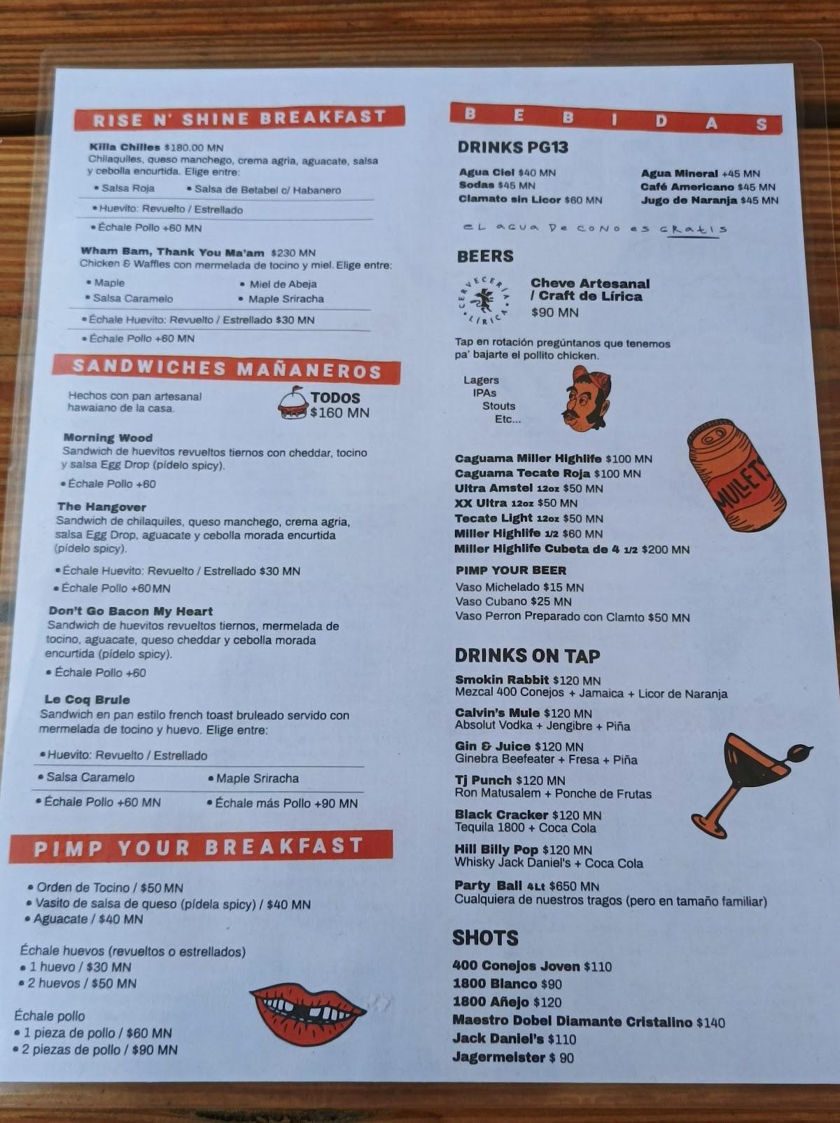 Menu at Mullets restaurant, Tijuana
