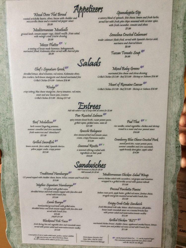 Menu at Mythos Restaurant, Orlando