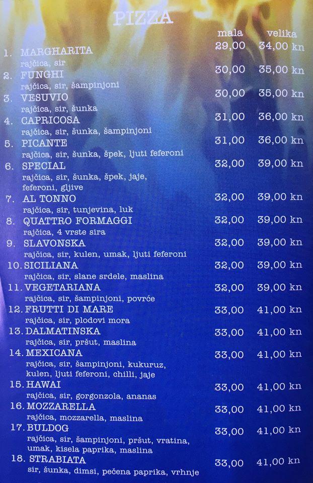 Menu da Pizza Buldog pizzeria, Samobor